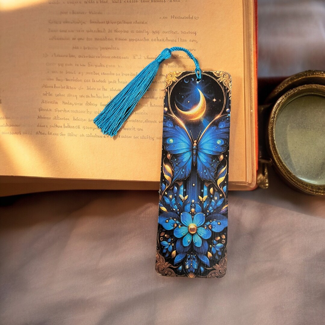Celestial Flutter: Wooden Bookmark With Blue Butterfly and Moon Book ...