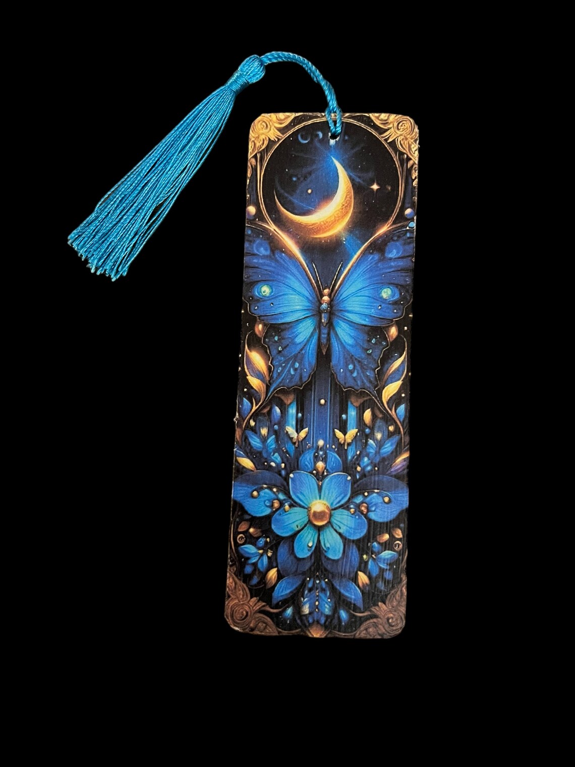 Celestial Flutter: Wooden Bookmark With Blue Butterfly and Moon Book ...