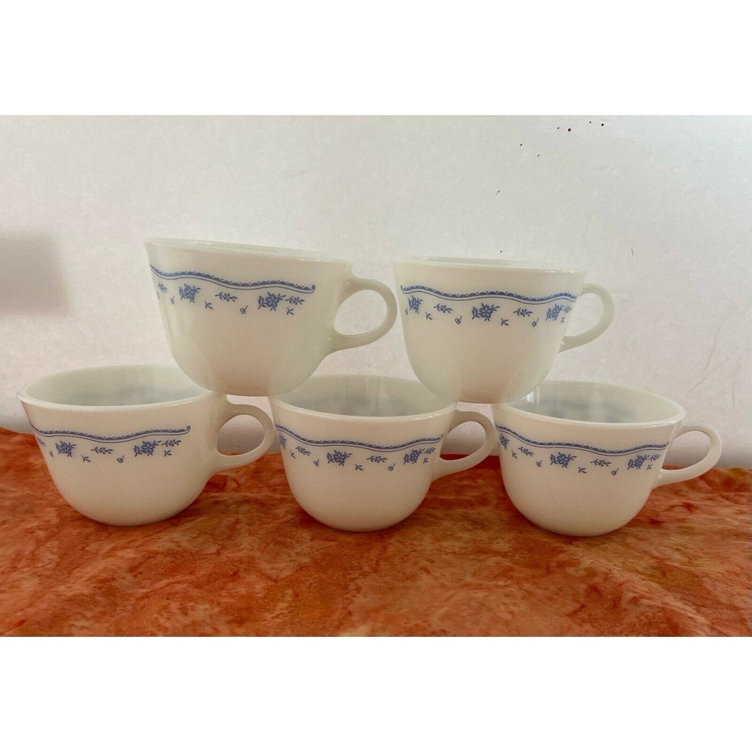 Set of 5 Vintage Pyrex Blue Morning Flower Milk Glass Coffee Tea Cups ...