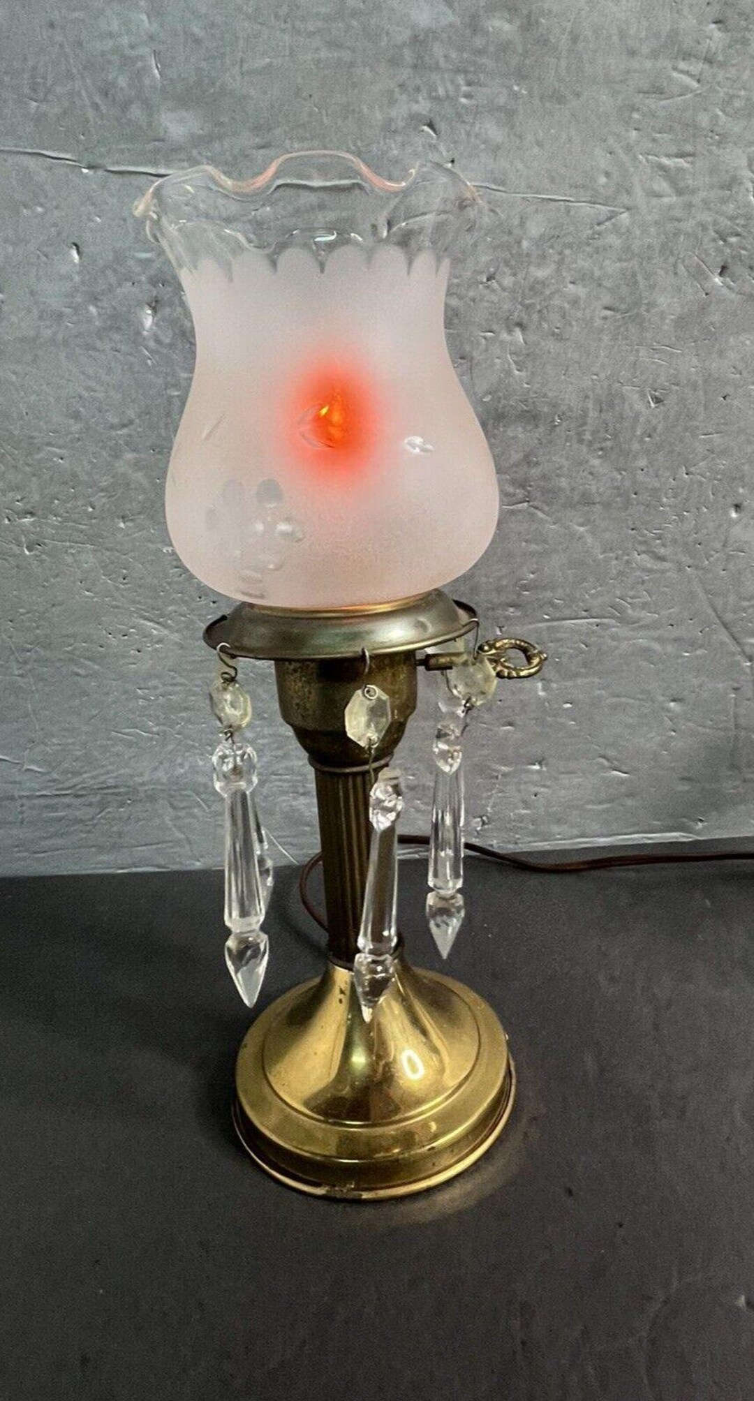 Vtg Astral Brass Boudoir Lamp Mantle Crystal Drop Prism Glass Shade ...