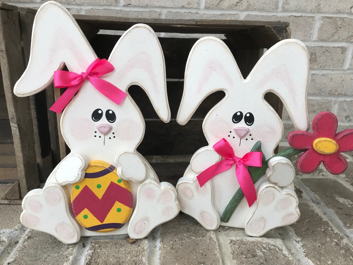 Easter Bunny With Egg Wood Rabbit Painted Home Decoration | Etsy
