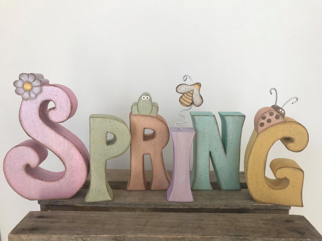 Spring, Spring Letters, Wood, Frog, Bee, Flower, Lady Bug, Painted ...