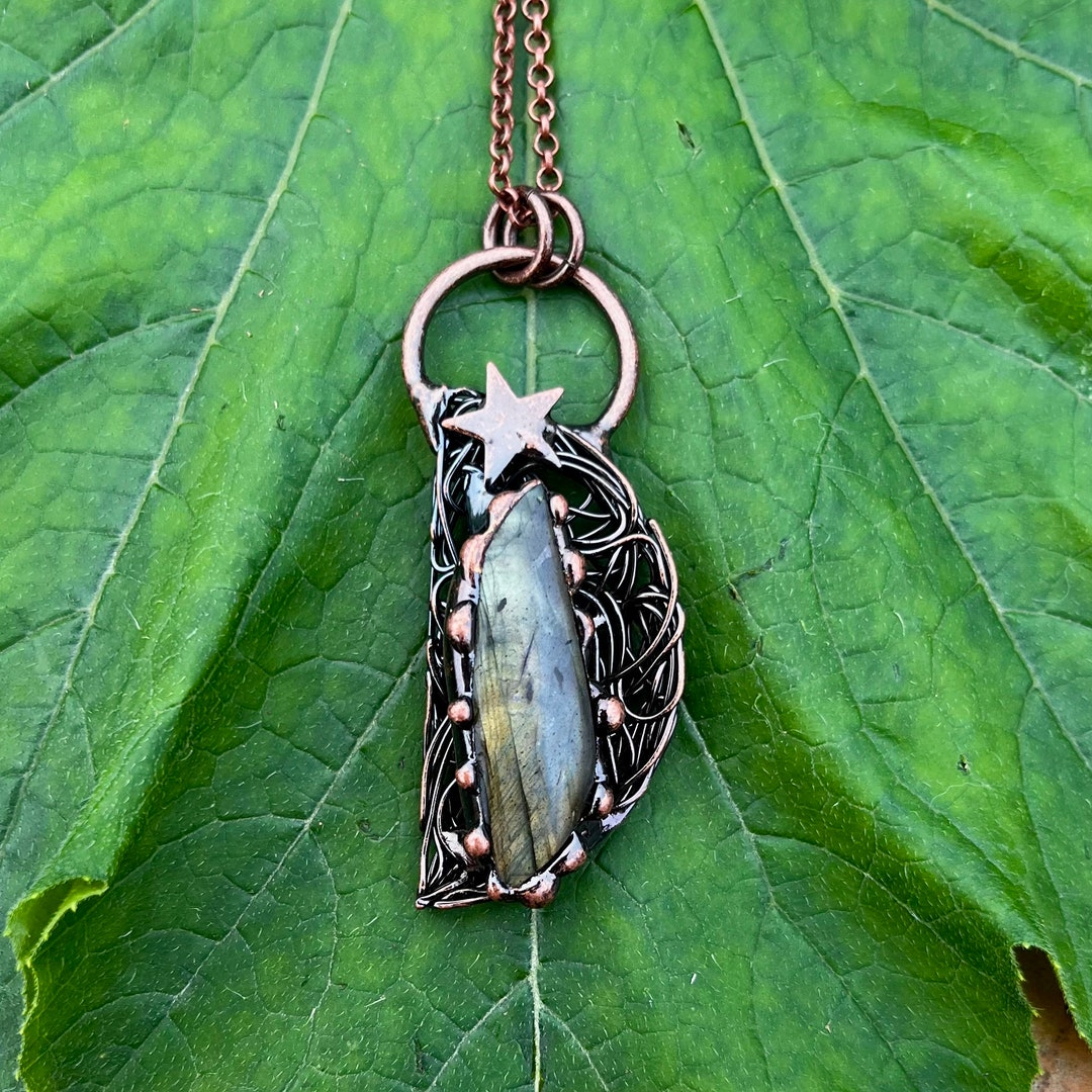 Labradorite Half-moon Copper Wire Star Antiqued Copper Pendant Necklace ...