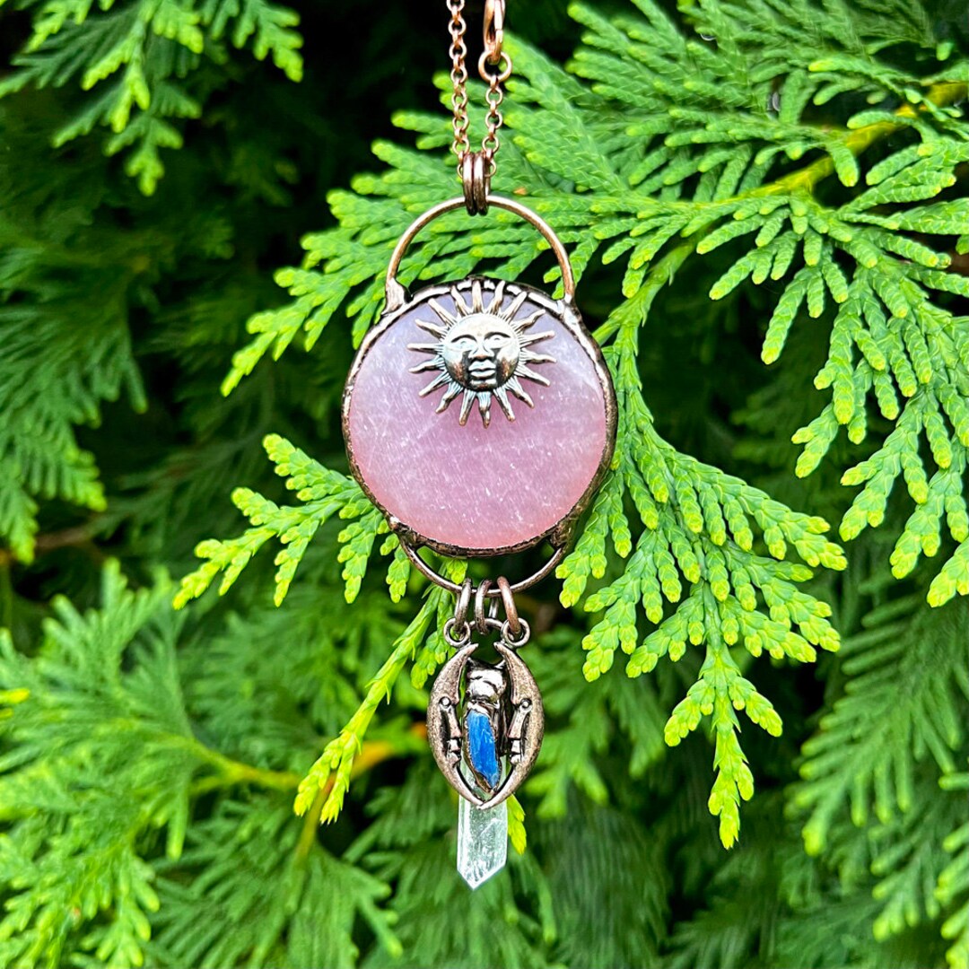 Rose Quartz Sun and Moon Medallion Copper Pendant Necklace Sol and Luna ...