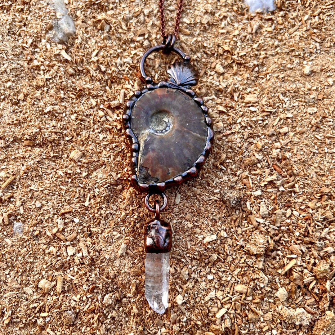Ammonite Fossil Seashell Clear Quartz Terminated Point Antiqued Copper ...