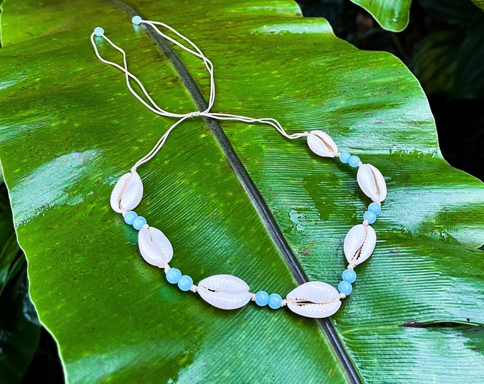 Shell Necklace Choker With Cowrie Shells And Sky Blue Ceramic Beads