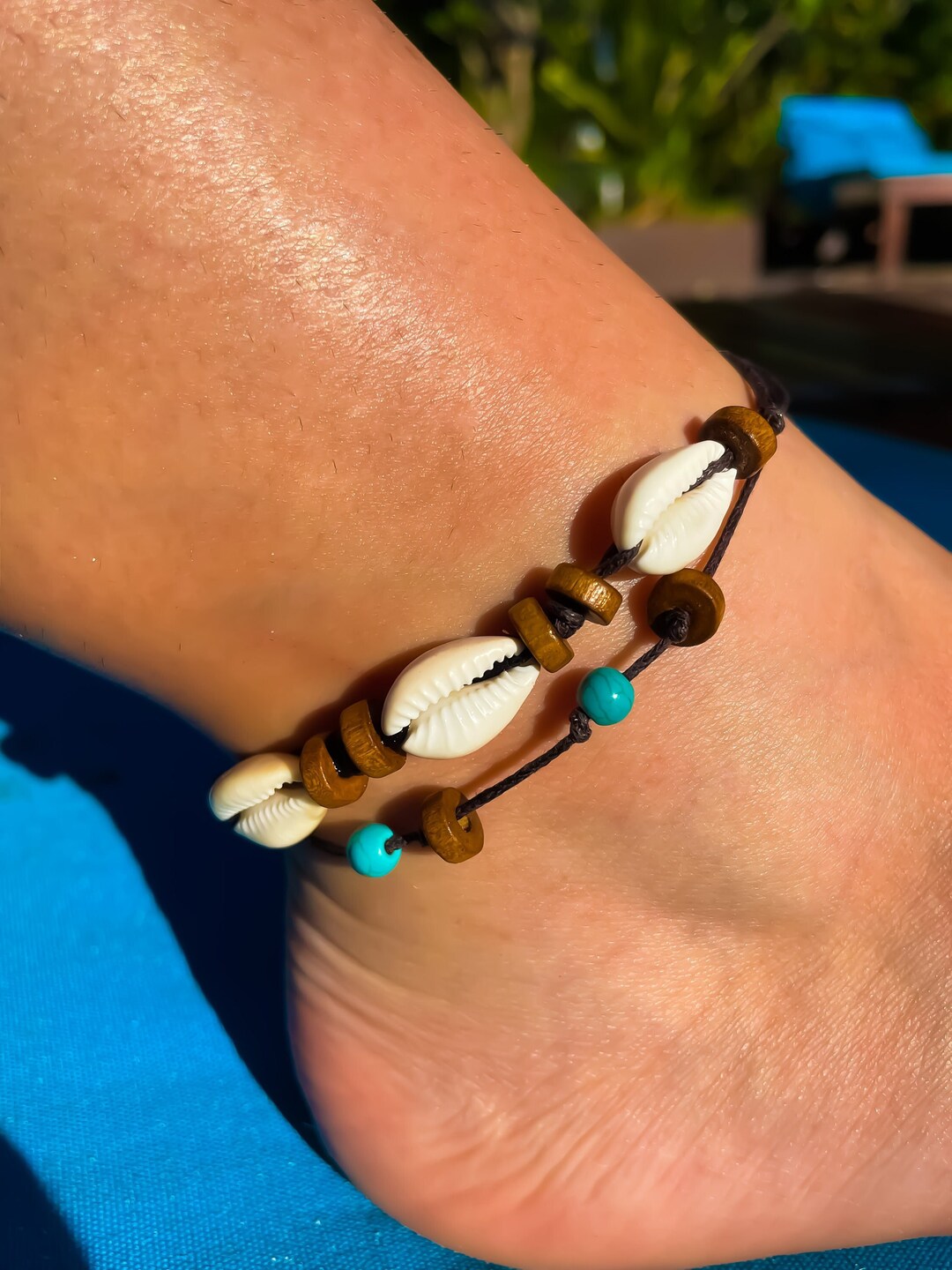 Beach Anklet With Cowrie Shells and Wooden Beads | Double-layer ...