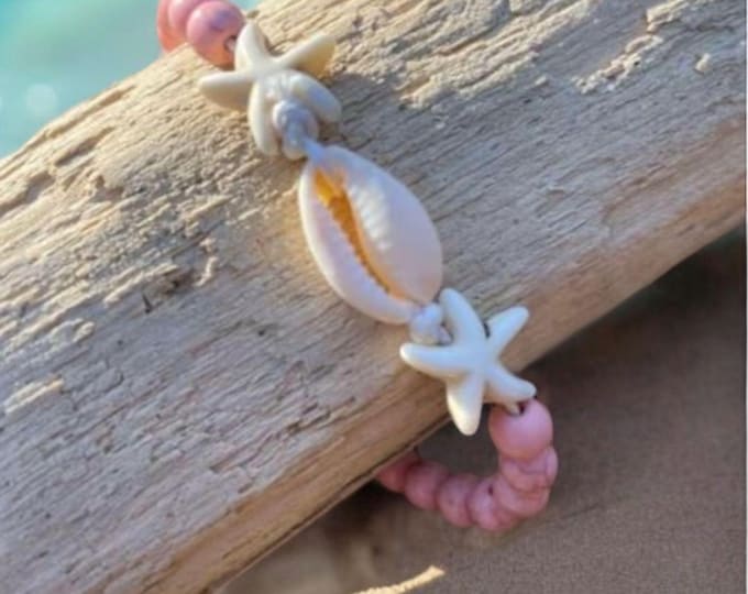 Handmade Cowrie Shell Bracelet | Stone Starfish Pendants | Pink Beads ...