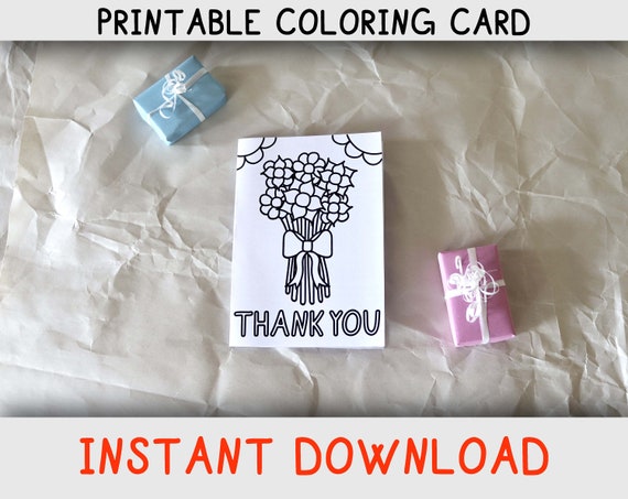 Printable coloring thank you card with a bouquet of flowers | Etsy