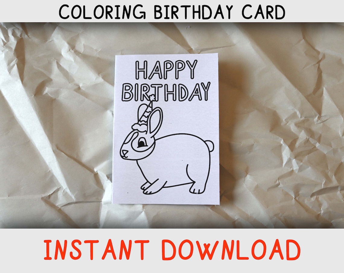 Printable Rabbit Birthday Coloring Card for Kids (instant Download) - Etsy