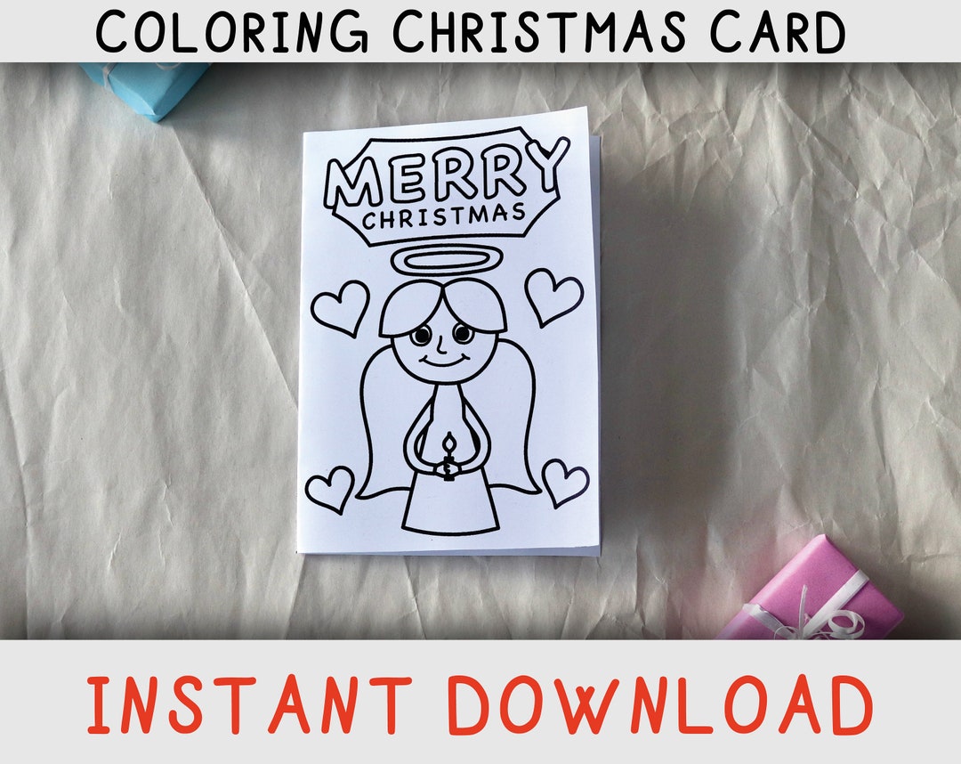 Printable Foldable Coloring Merry Christmas Card With an Angel and ...