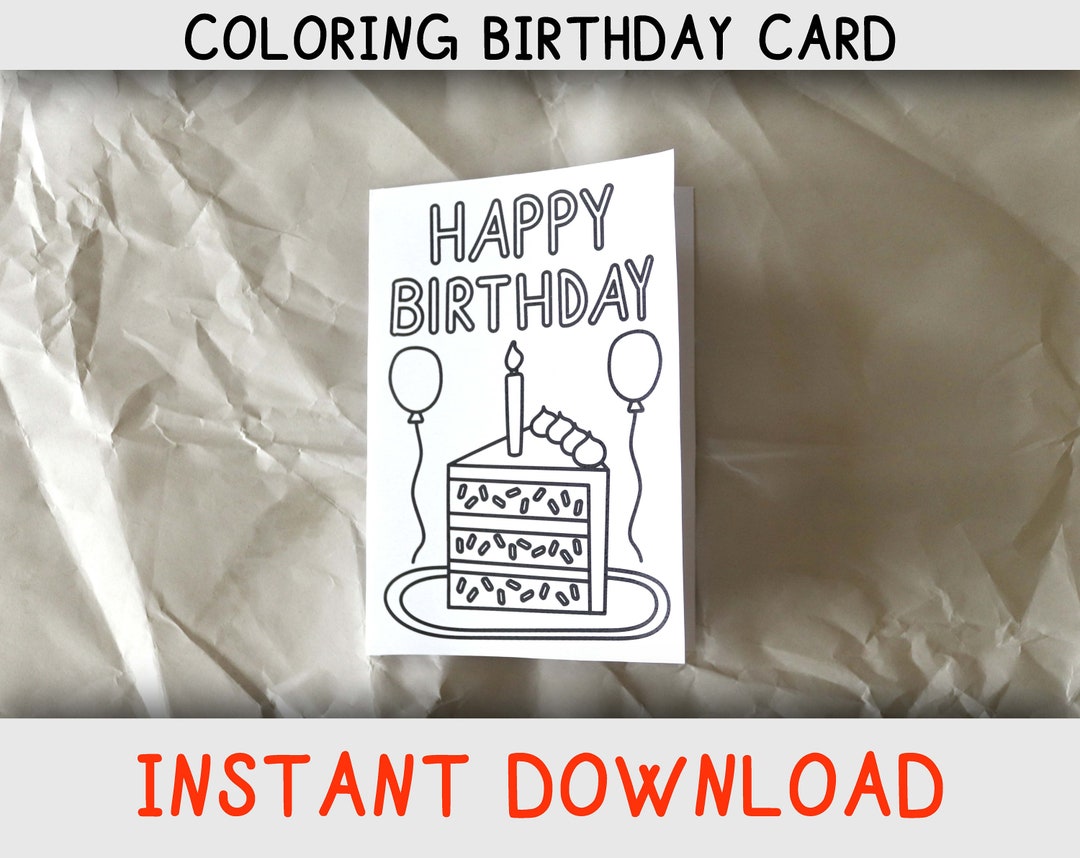 Happy Birthday Coloring Card With Birthday Cake Slice, Printable ...