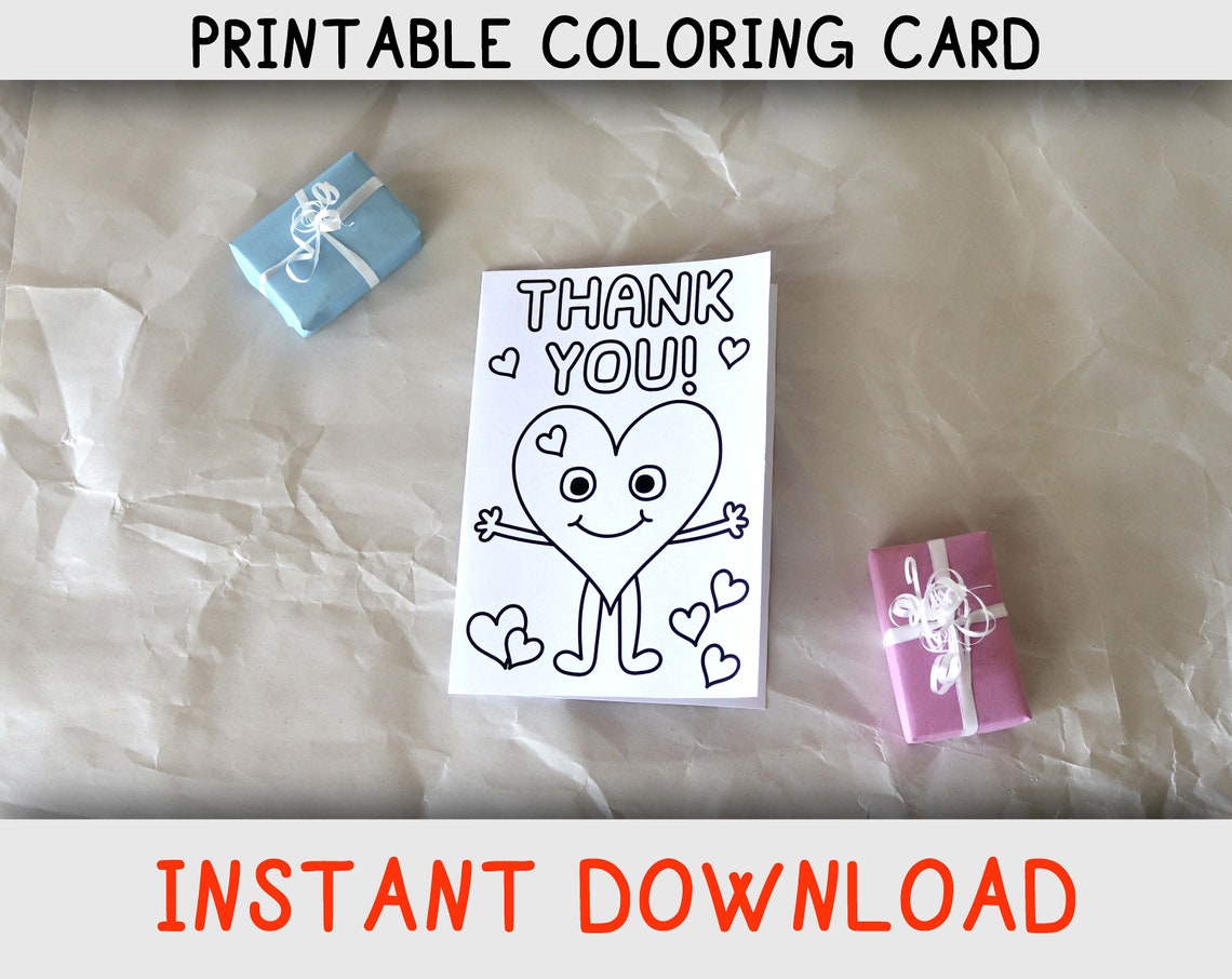Printable Coloring Thank You Card With Hugging Heart, Instant Digital ...