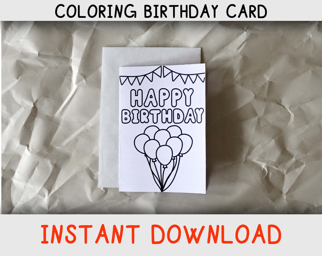 Printable Birthday Coloring Card for Kids: Balloons Design (digital ...