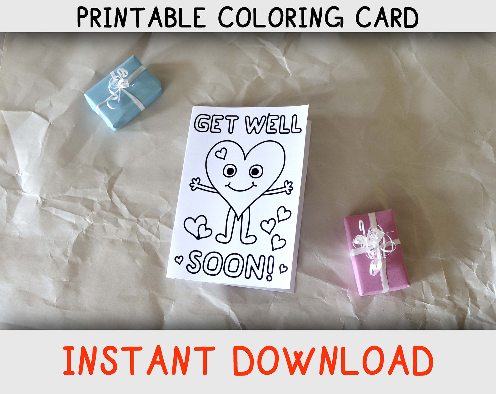 Printable Coloring Get Well Soon Card With Hugging Heart, Instant ...