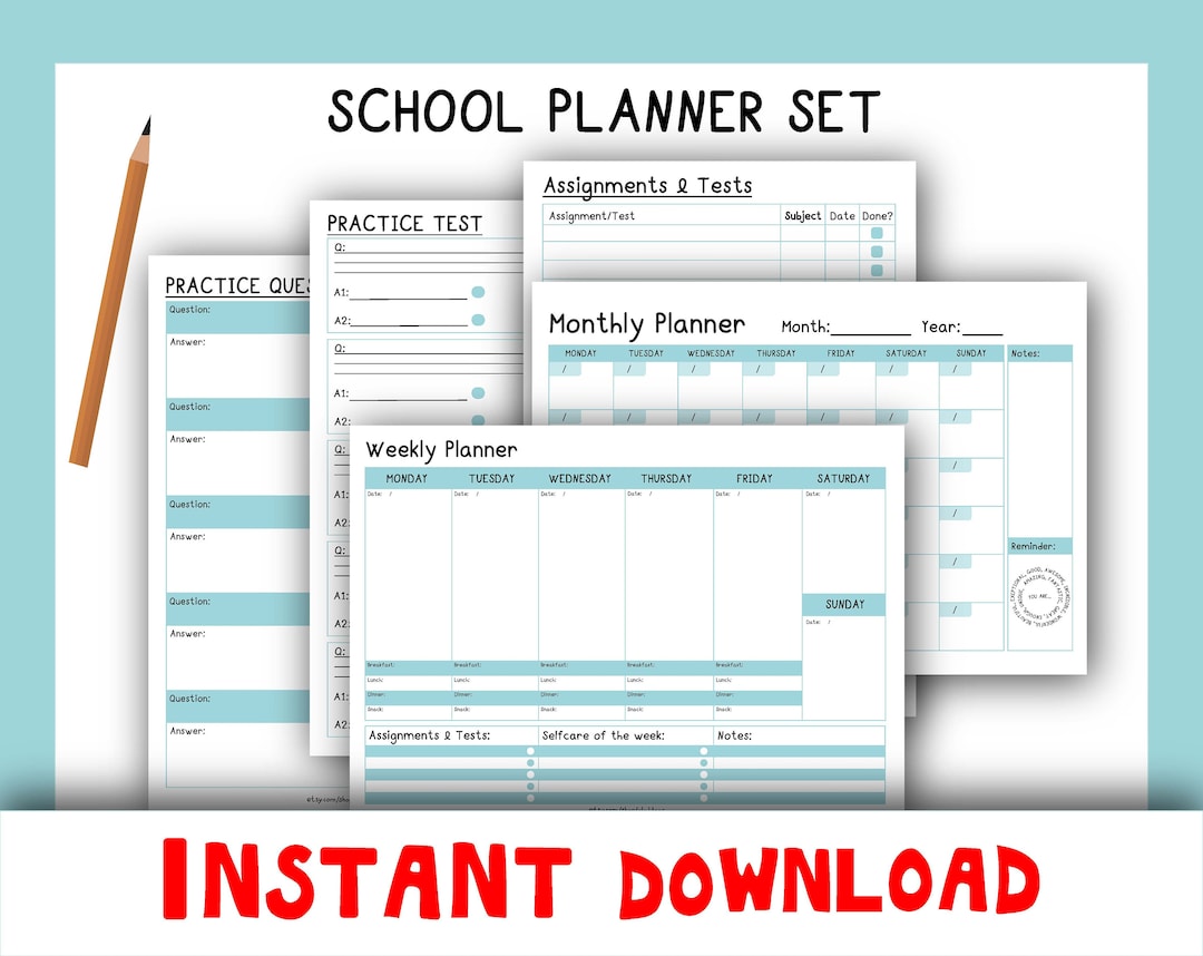 Printable Blue School Planner Set, Practice Questions and Practice Test ...