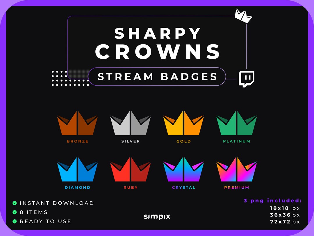 8 Twitch Sub Stream Badges | Sharpy Crowns | Twitch - Etsy