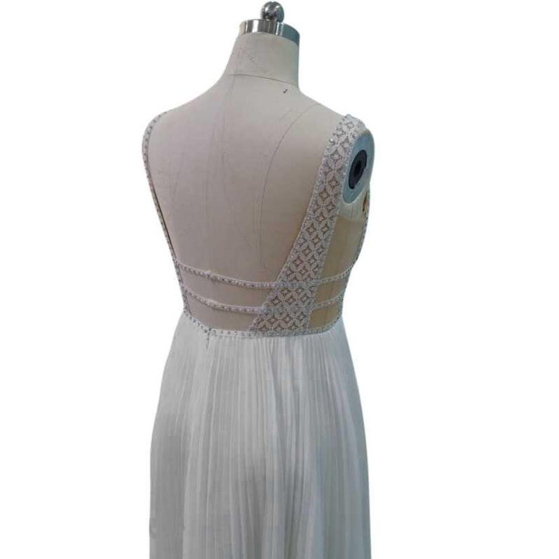 QUEEN KARA | Pleated Chiffon Boho Wedding Dress | Plunge Neck Gown With Crystal Details ...