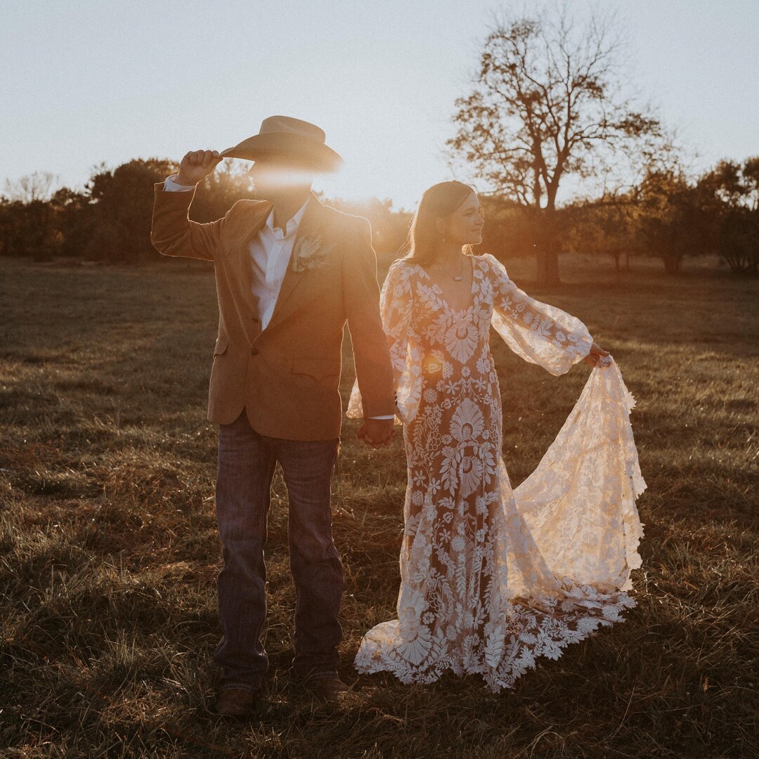 QUEEN KEELY | Boho Lace Wedding Dress | Long Lantern Sleeve Bridal Gown | Custom Handmade Gown ...