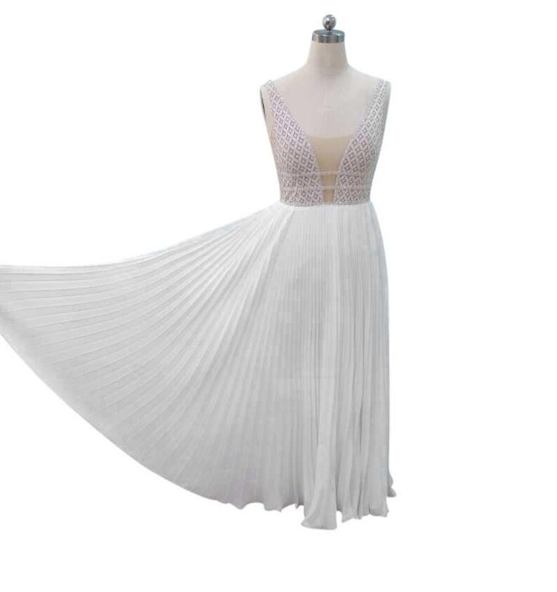 QUEEN KARA | Pleated Chiffon Boho Wedding Dress | Plunge Neck Gown With Crystal Details ...