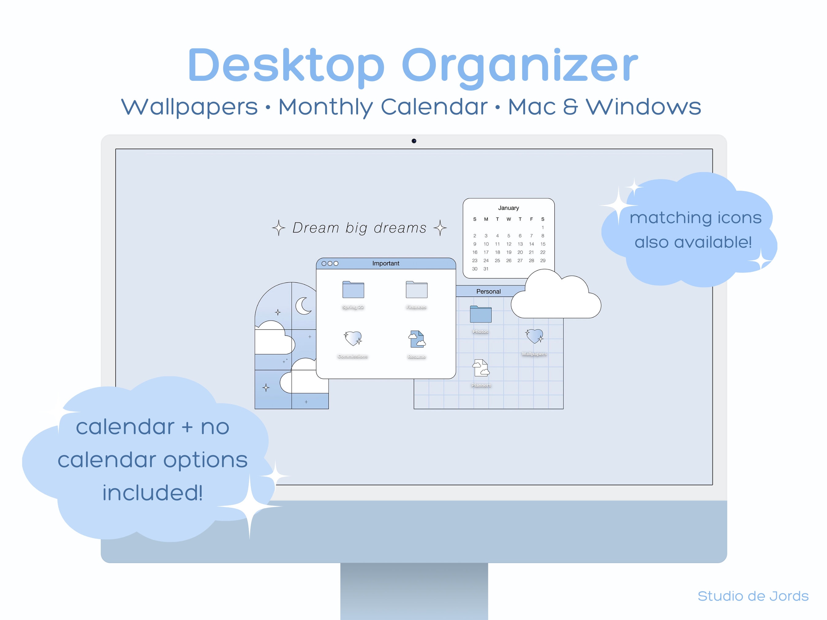 Blue Aesthetic Theme Desktop Wallpaper Organizer, 2026 Monthly Calendar ...