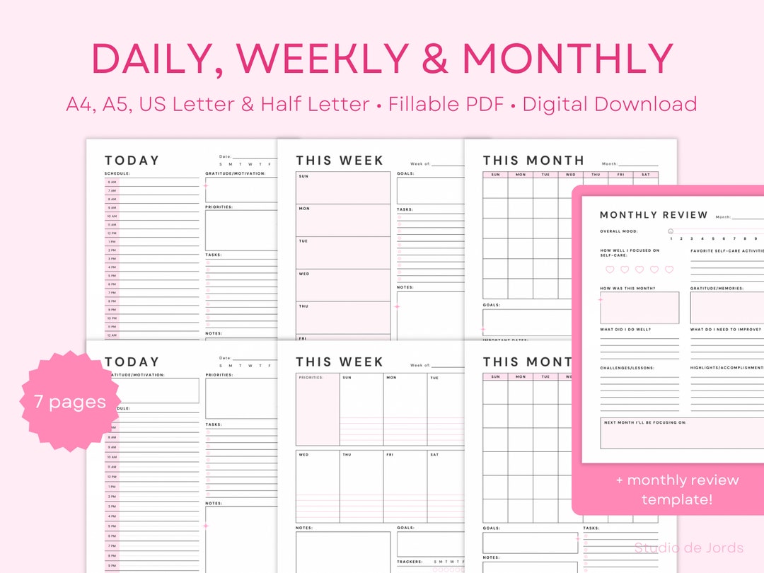 Aesthetic Printable Planner Set Pink Version, Daily, Weekly, Monthly ...