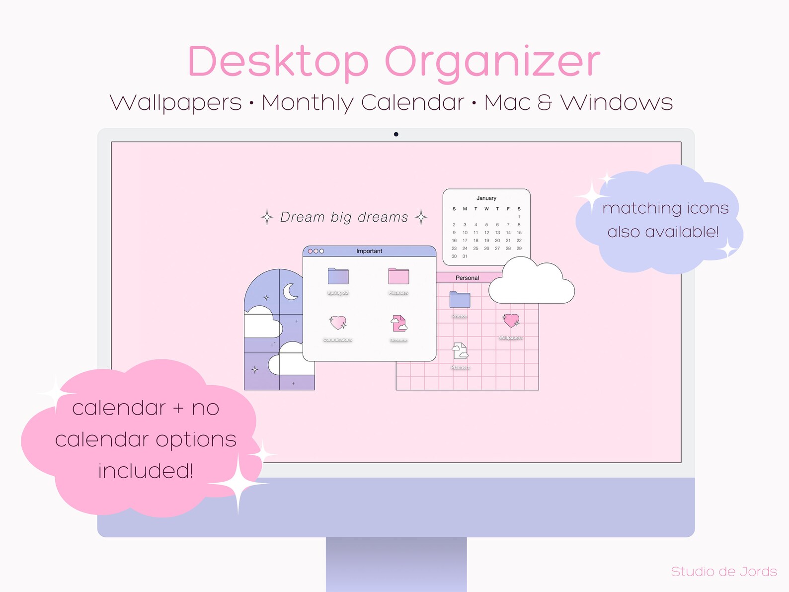 Pink Aesthetic Theme Desktop Wallpaper Organizer 2022-2023 - Etsy