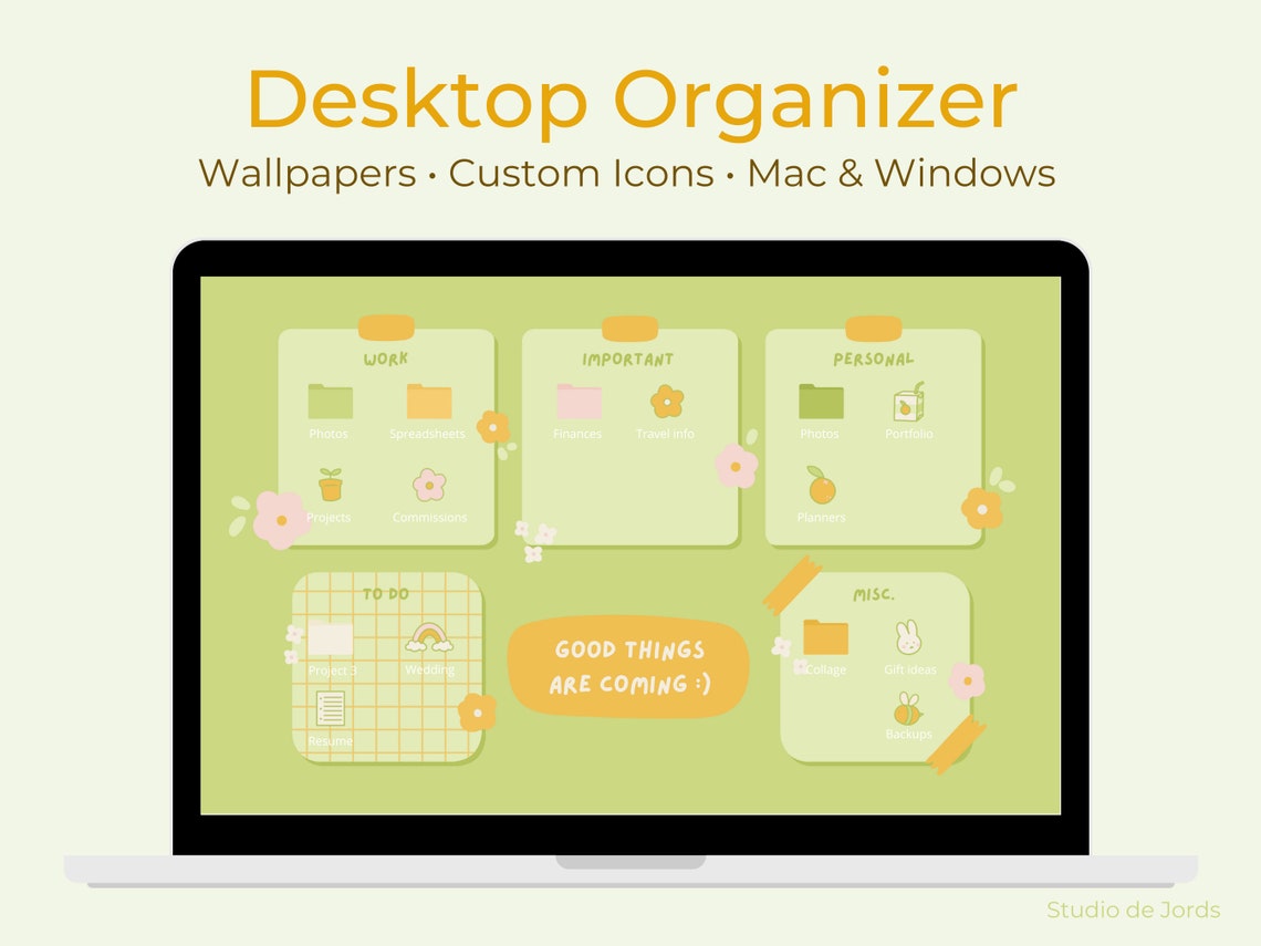 Green Flower Theme Desktop Wallpaper Organizer Folder Icons - Etsy