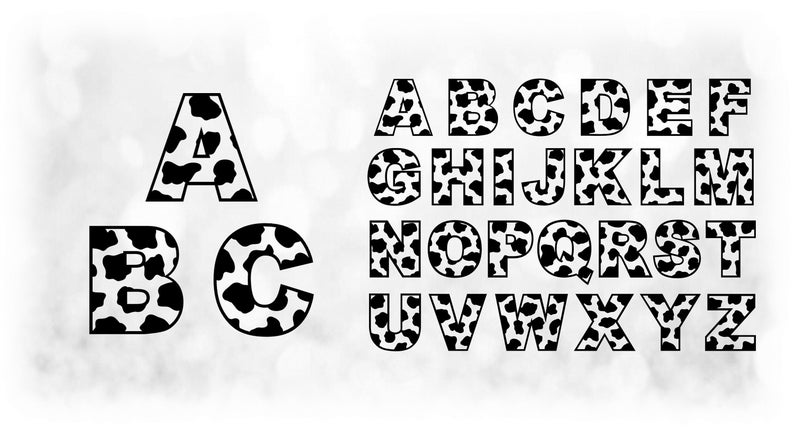 Word Clipart: Black Cow Print or Spot Patterned Alphabet Grouped on ONE ...