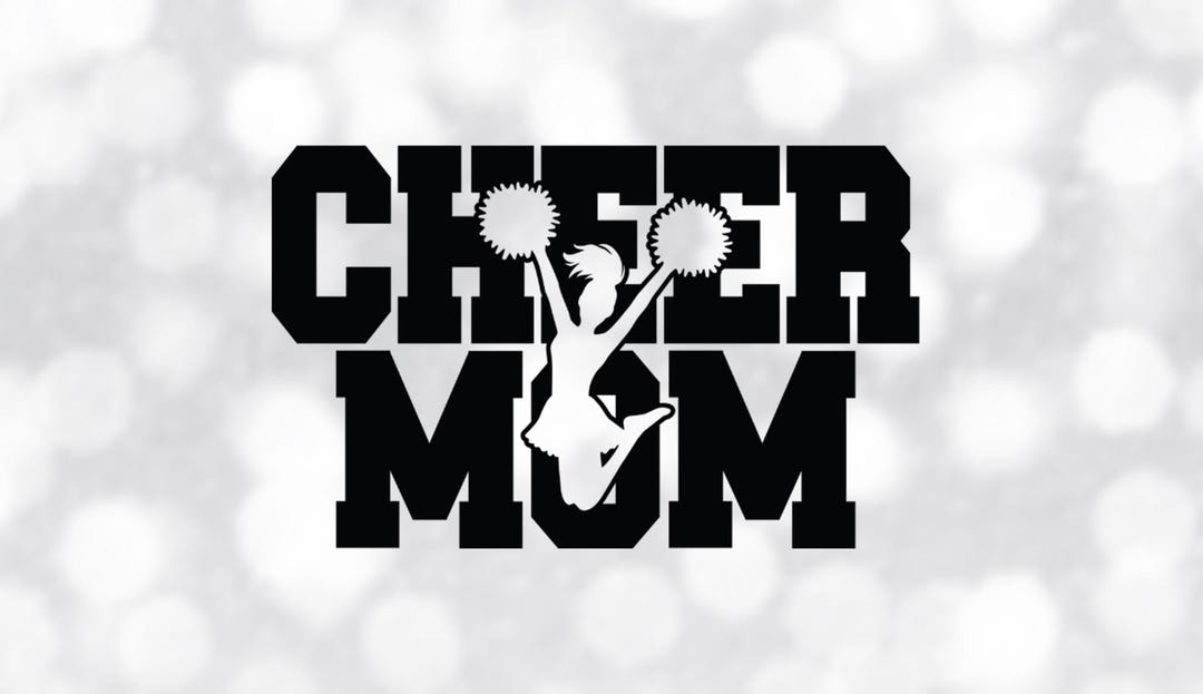 Sports Clipart: Black Bold Words "cheer Mom" With Jumping Cheerleader ...