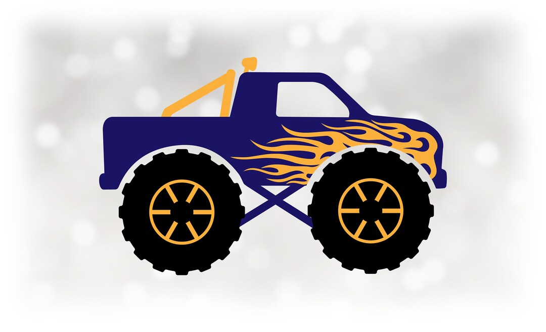 Car/automotive Clipart: Blue Monster Truck With Yellow/gold Fire Flames ...