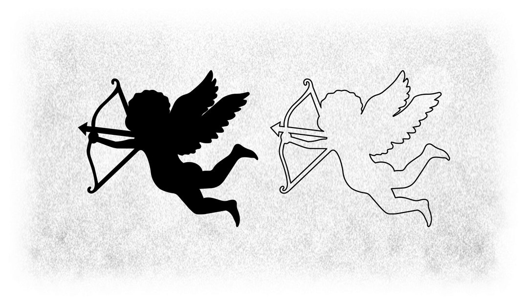 Holiday Clipart: Black Solid and Outline Cupid Cherub Angel Aiming Bow ...