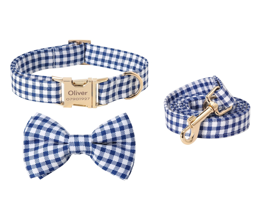 Blue Check Personalised Dog Collar Bow Set, Puppy Collar With Name ...