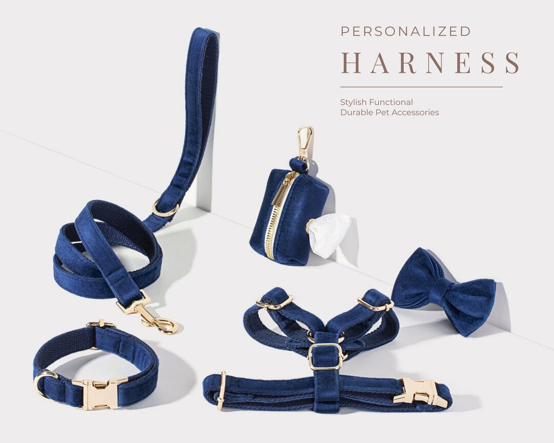 Dark Blue Dog Harness+leash+collar+bow Tie+poo Bag Holder Set ...