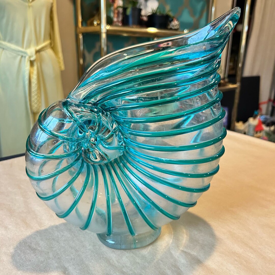 Art Glass Nautilus Conch Shell Vase Pitcher Turquoise Glass Seaside ...