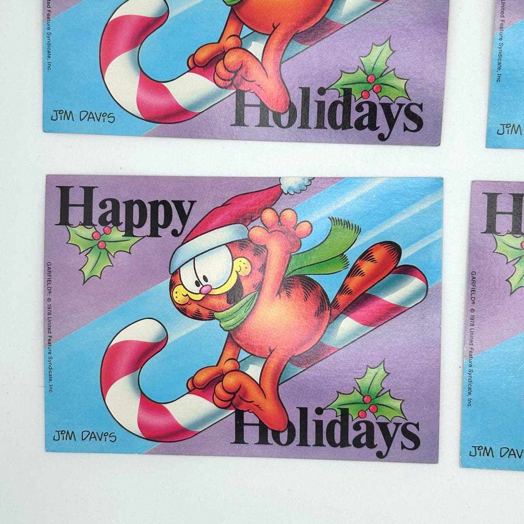 Vintage Garfield Happy Holidays Postcards Candy Cane Holly Four in Set ...