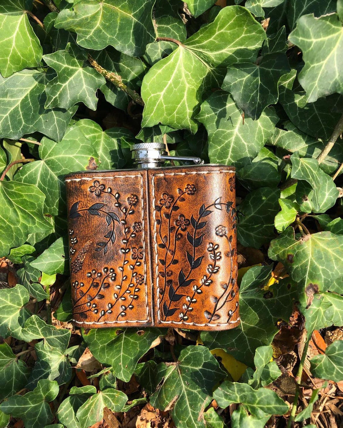 Handmade Leather Flask / Wildflower Carving / Leather Flask / Hand ...