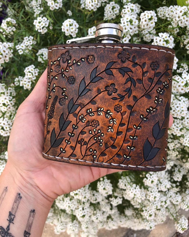 Handmade Leather Flask / Wildflower Carving / Leather Flask / Hand ...