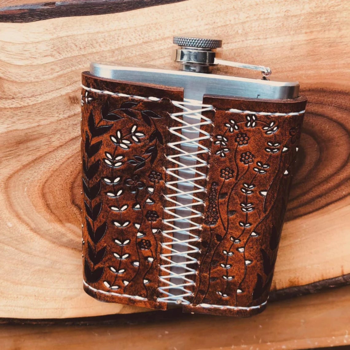 Handmade Leather Flask / Wildflower Carving / Leather Flask / Hand ...