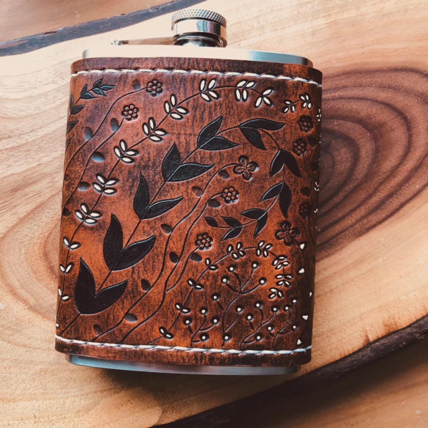 Handmade Leather Flask / Wildflower Carving / Leather Flask / Hand ...