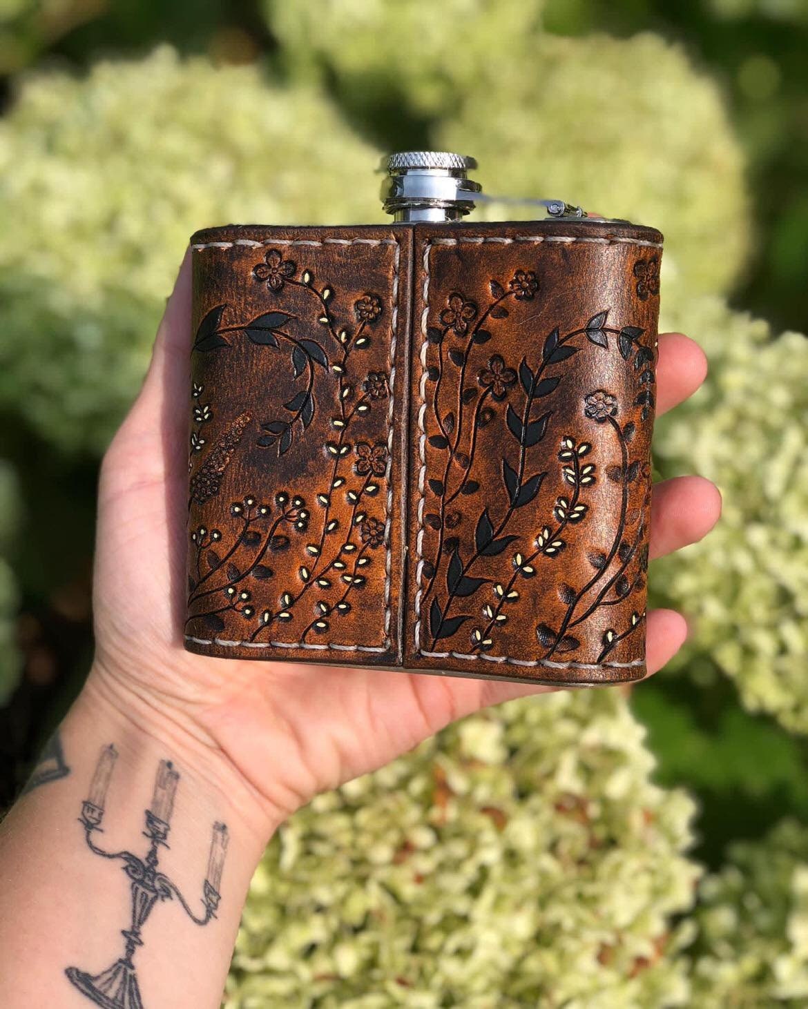Handmade Leather Flask / Wildflower Carving / Leather Flask / Hand ...