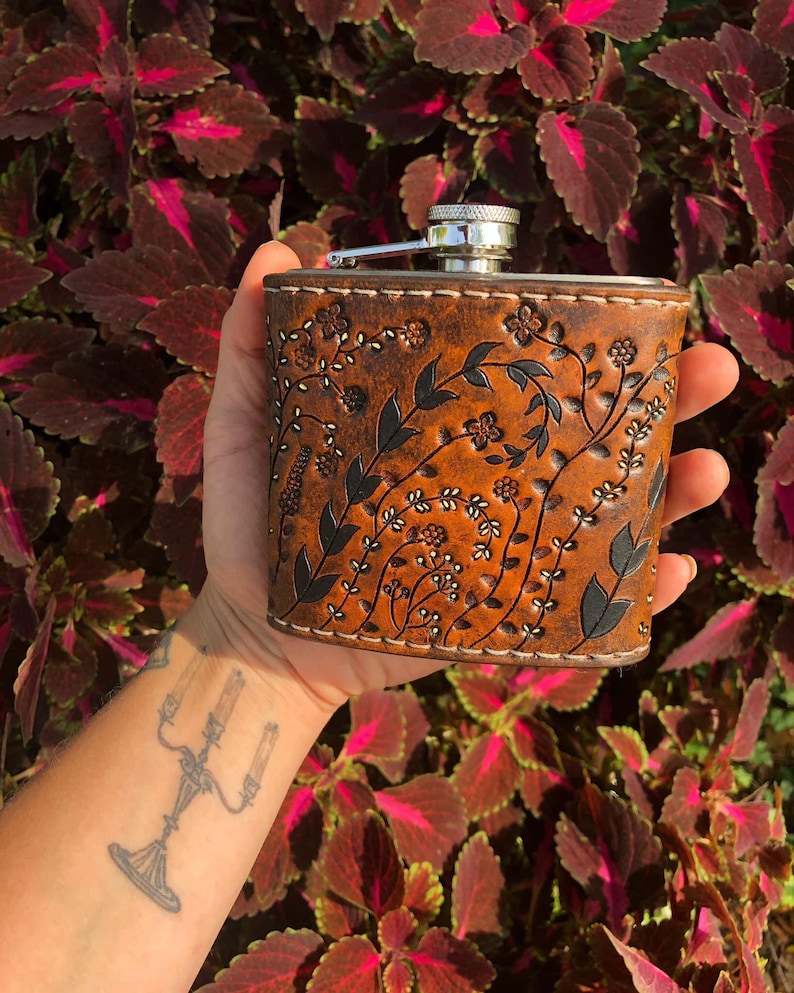 Handmade Leather Flask / Wildflower Carving / Leather Flask / Hand ...