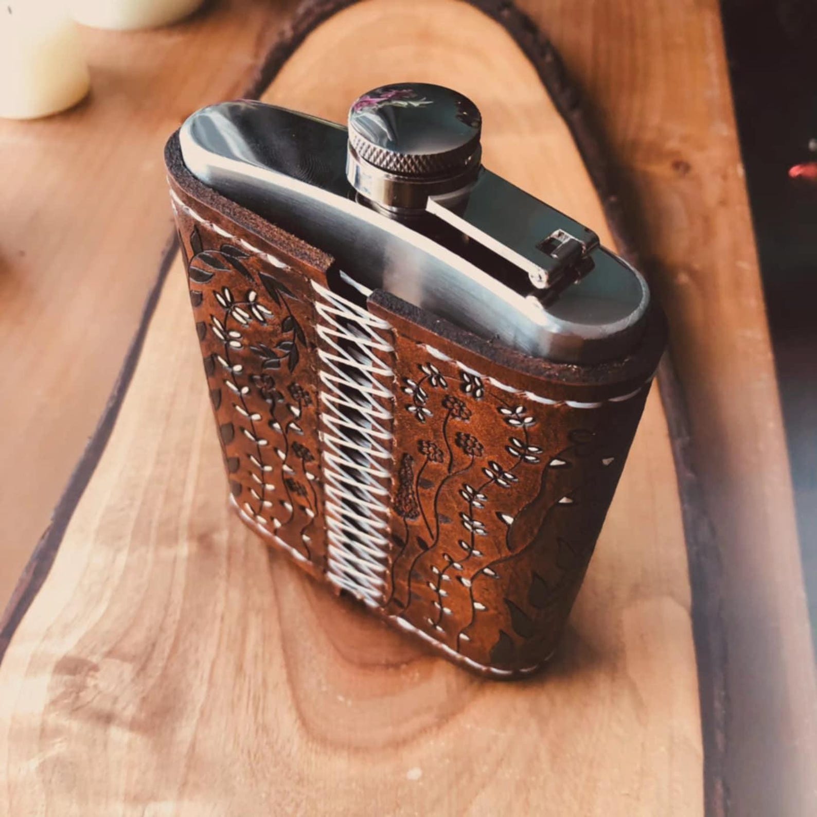 Handmade Leather Flask / Wildflower Carving / Leather Flask / Hand ...