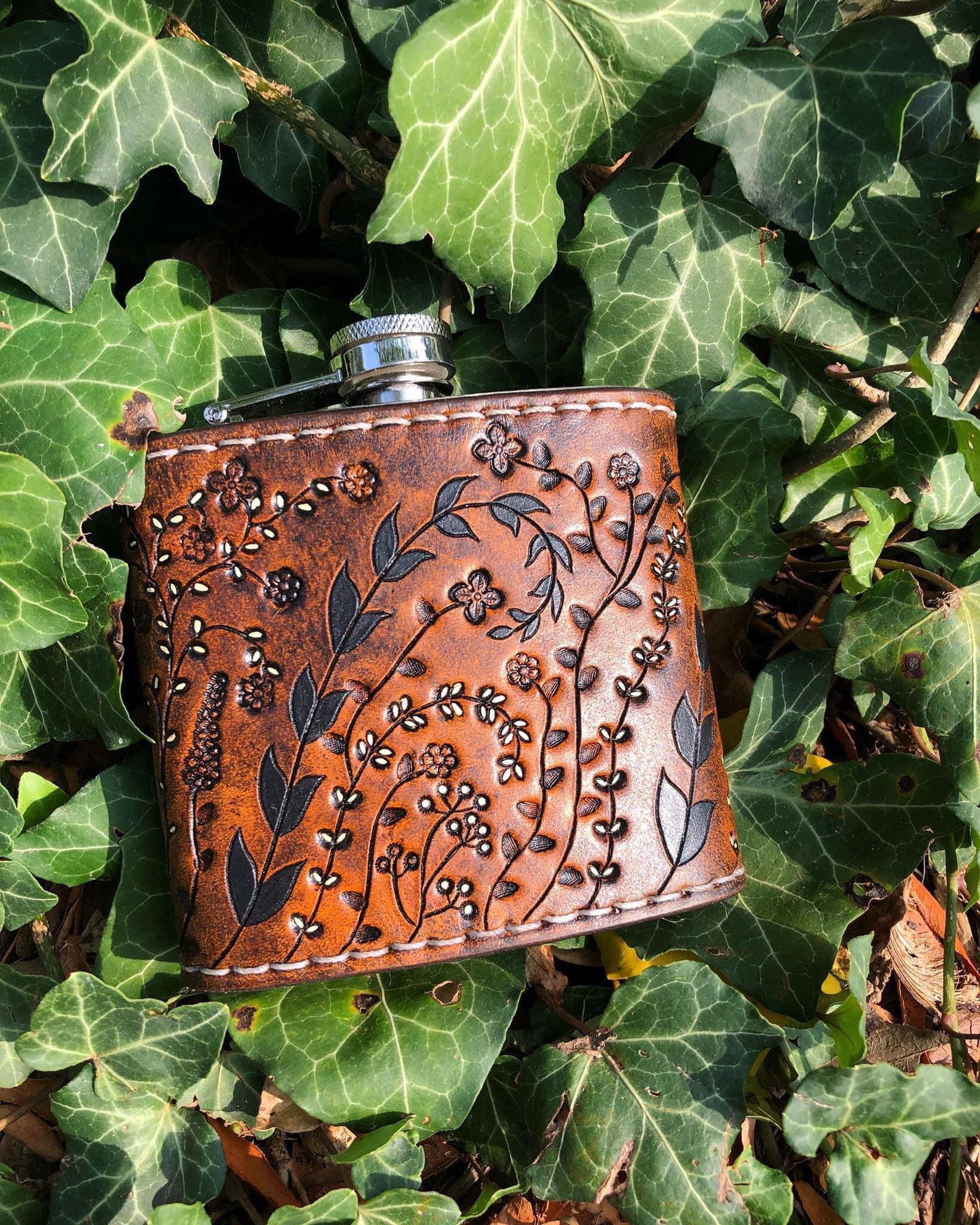 Handmade Leather Flask / Wildflower Carving / Leather Flask / Hand ...