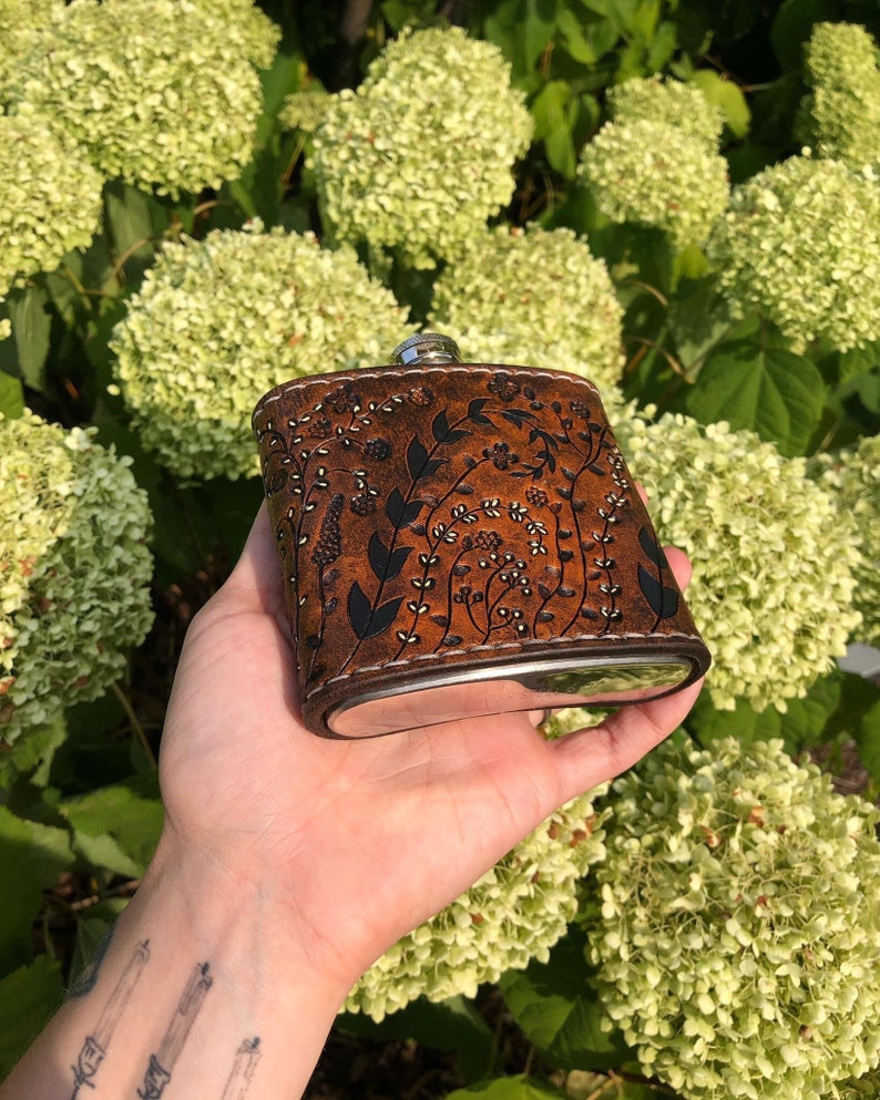 Handmade Leather Flask / Wildflower Carving / Leather Flask / Hand ...