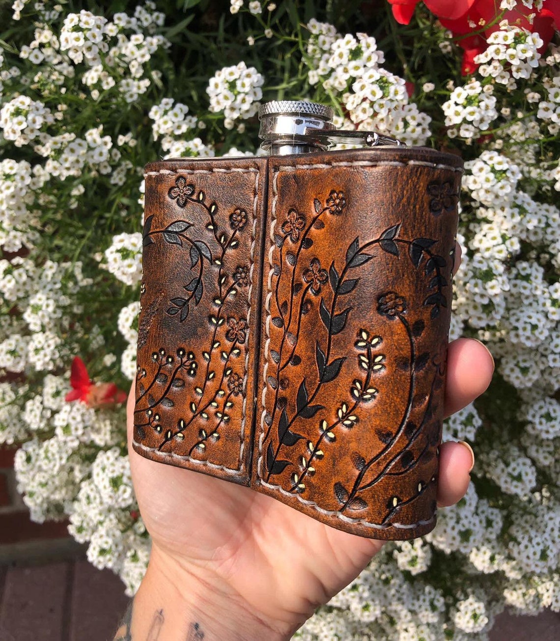 Handmade Leather Flask / Wildflower Carving / Leather Flask / Hand ...
