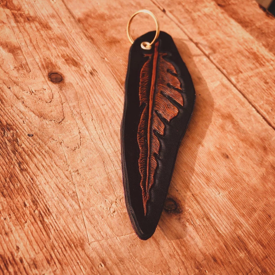 Handcarved Leather Feather Keychain - Etsy