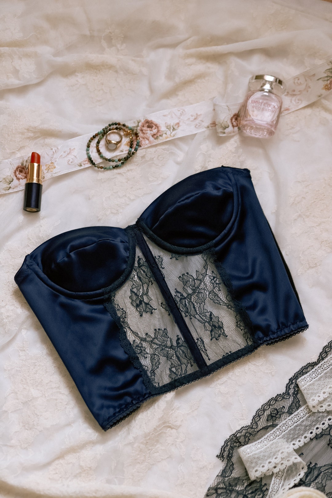 Dark Blue Navy Elegant Bustier Satin & Lace Corset With Foam Cups New ...