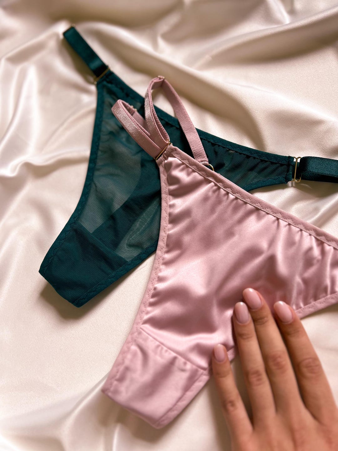 Dusty Pink Satin Thongs and Emerald Green Mesh Thongs Set - Etsy