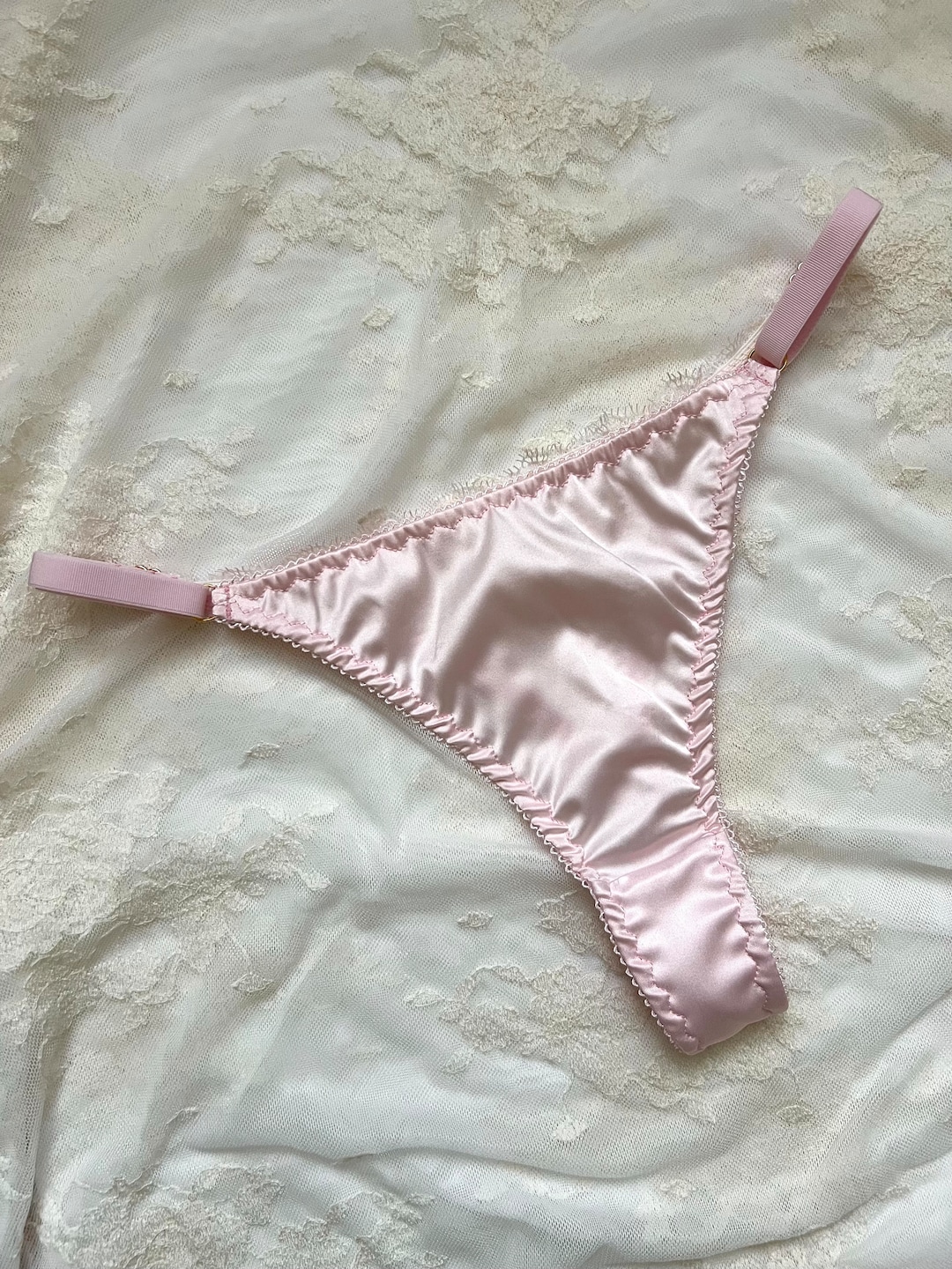 Light Pink Satin Lace Thong Mid-rise Thong Retrouvaille - Etsy